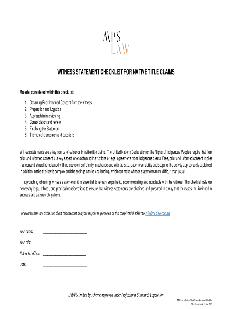 Fillable Online Witness Statement Checklist for Native Title Claims Fax ...