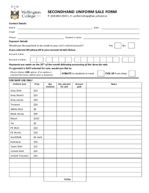Fillable Online Second Hand Uniform Selling Form Fax Email Print ...