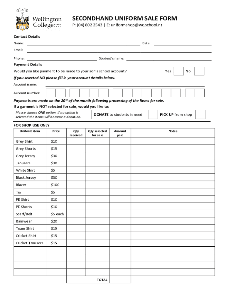 Fillable Online Second Hand Uniform Selling Form Fax Email Print ...