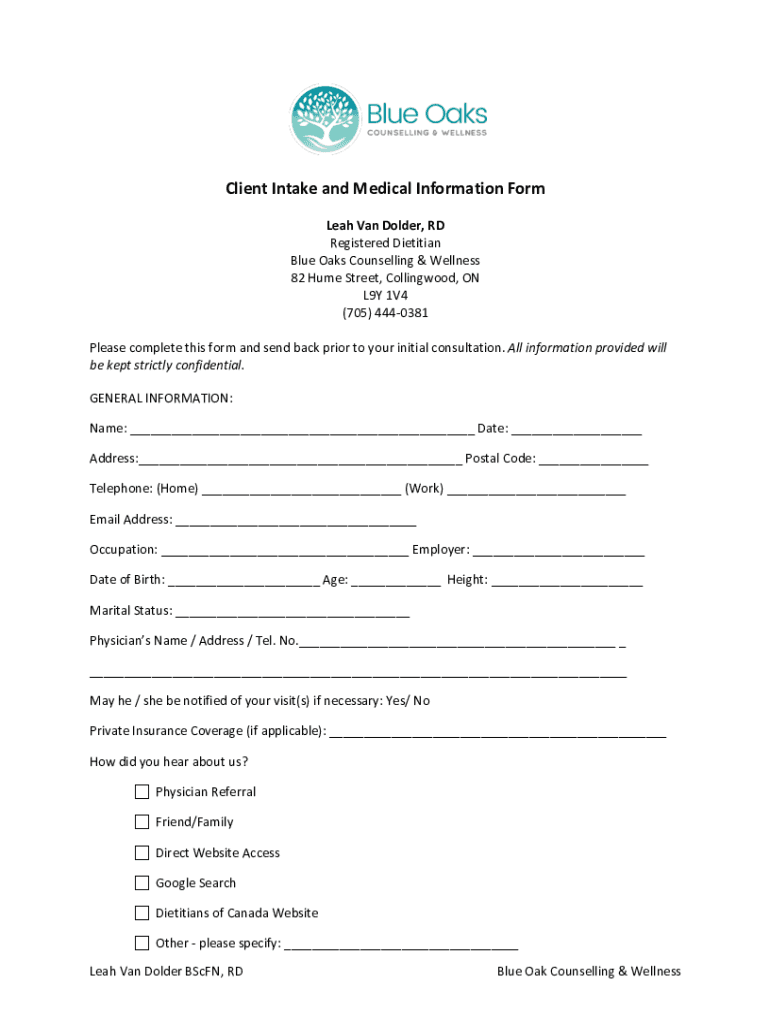 Fillable Online Client Intake and Medical Information Form - Blue Oaks ...