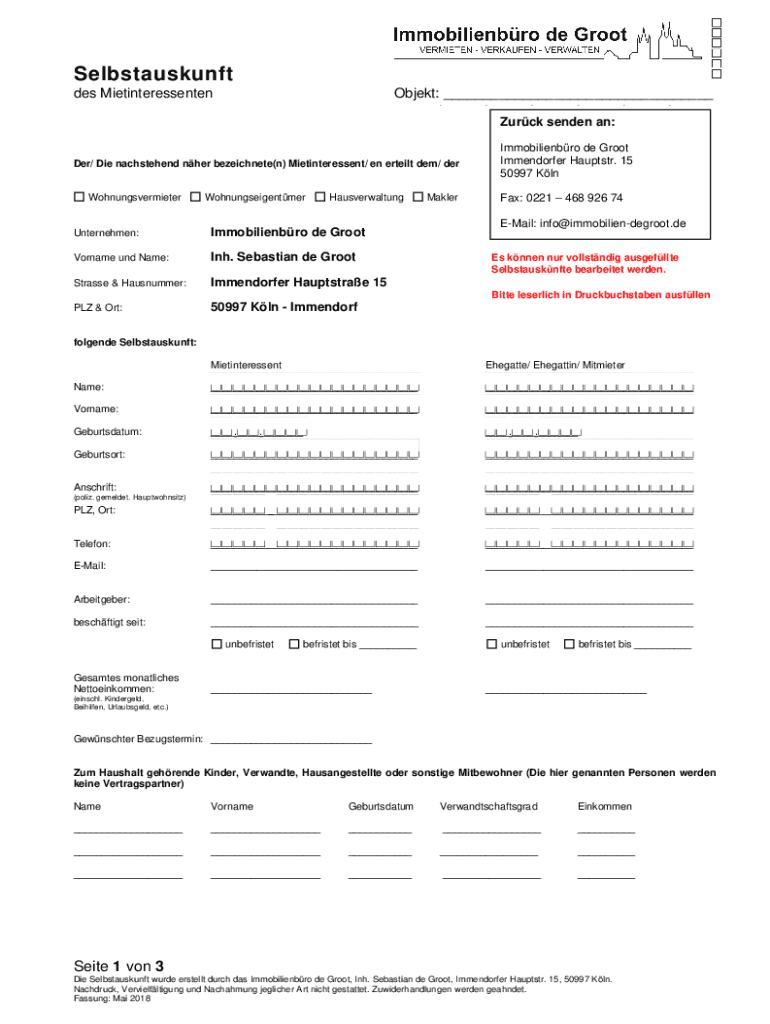 Ausfüllbar Online Selbstauskunft des Mietinteressenten zur Bewerbung ...
