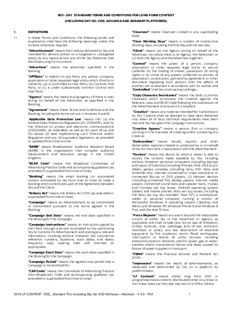 Fillable Online roi - sky standard terms and conditions for long form ...