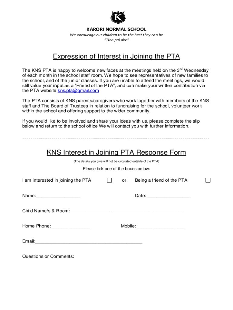 Fillable Online Expression of Interest in Joining the PTA KNS ... Fax Email Print - pdfFiller