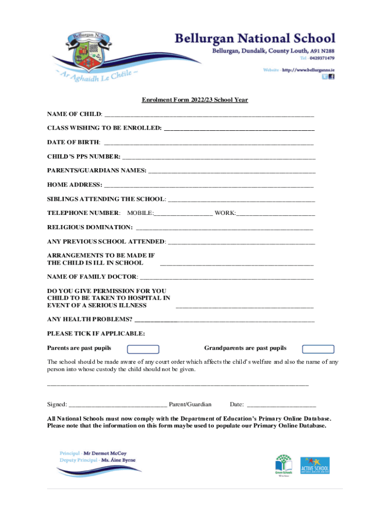 Fillable Online Enrolment Form 2022/23 School Year NAME OF CHILD Fax ...