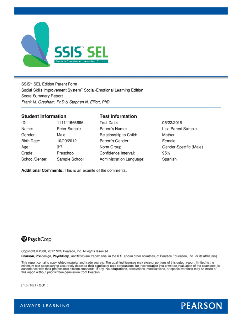 Fillable Online SSIS SEL Edition Parent Form Score Summary Report Fax Email Print - pdfFiller