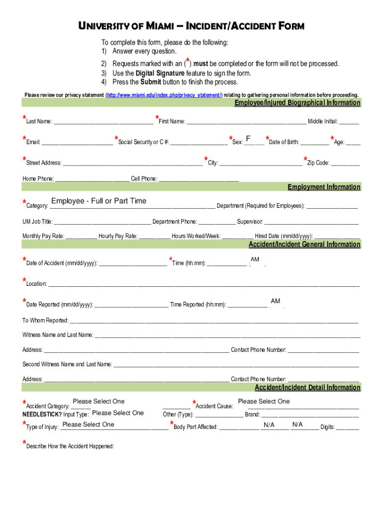 Fillable Online wellness studentaffairs miami INCIDENT/ACCIDENT FORM ...