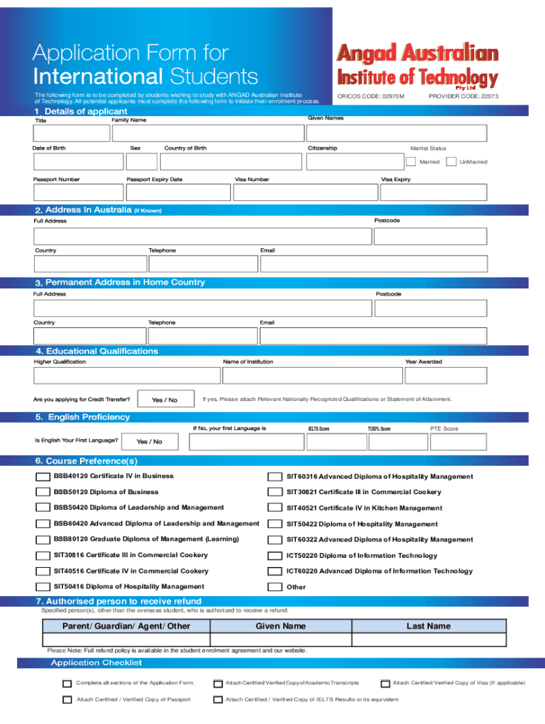 Fillable Online Application Form - Angad Australian Institute of ...