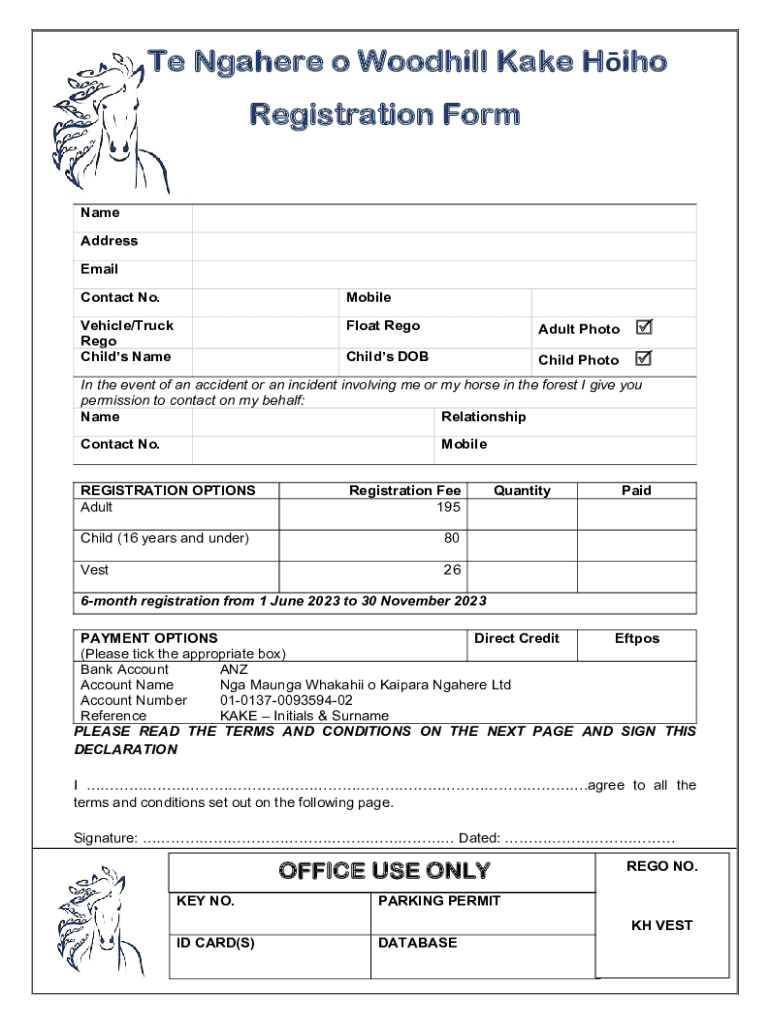 Fillable Online Te Ngahere o Woodhill Kake Hiho Registration Form Fax Email Print - pdfFiller