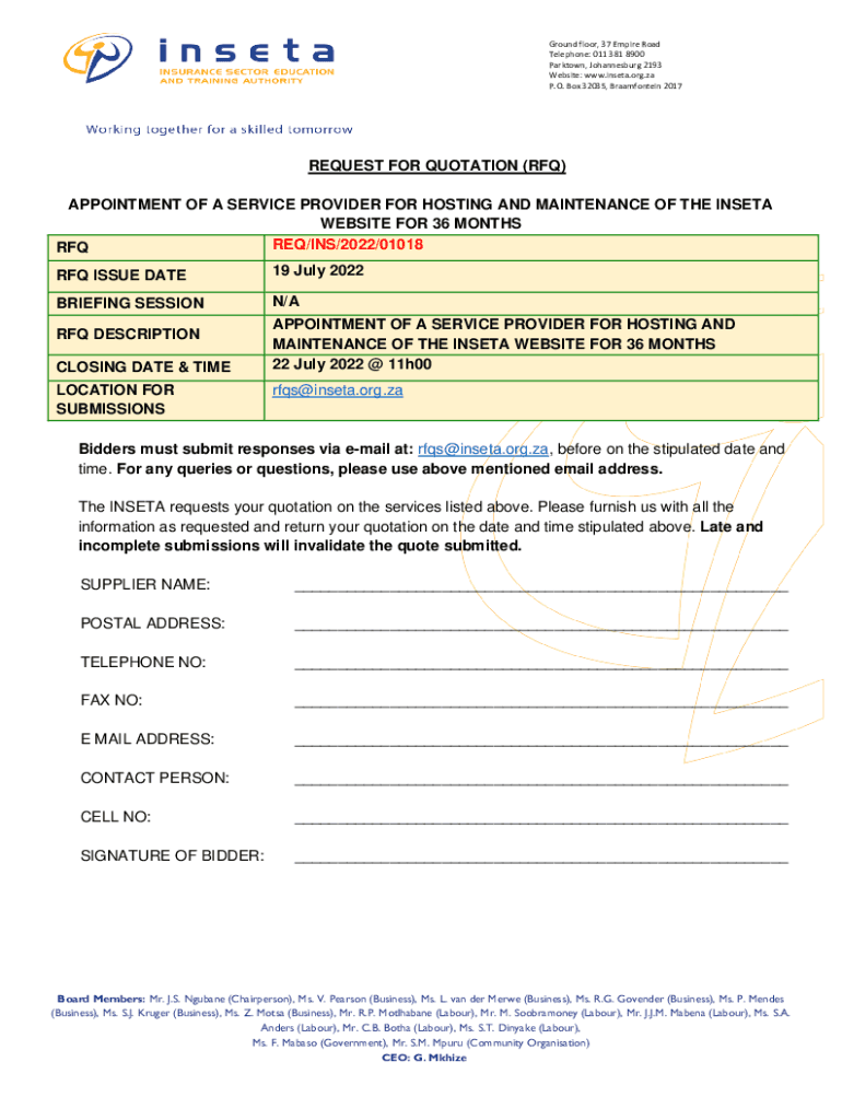 Fillable Online request for quotation (rfq) appointment of a service ...