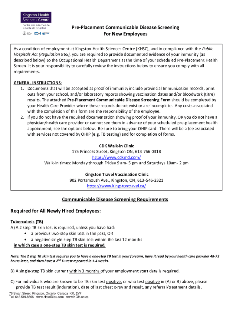 Fillable Online Pre-Placement Communicable Disease Screening for New ...