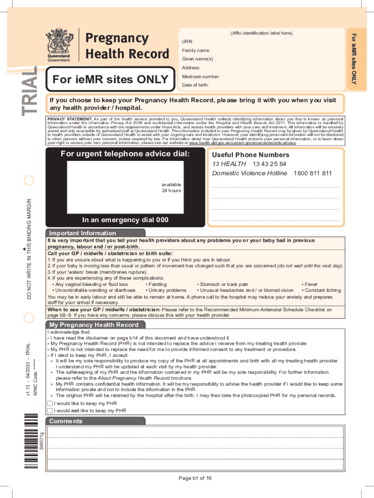Fillable Online Pregnancy Health Record Woman's Section for ieMR sites ...