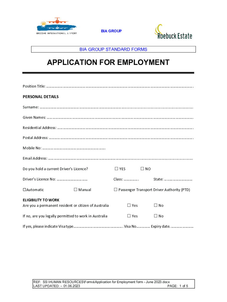 Fillable Online Application for Employment Form - June 2023 FILLABLE ...