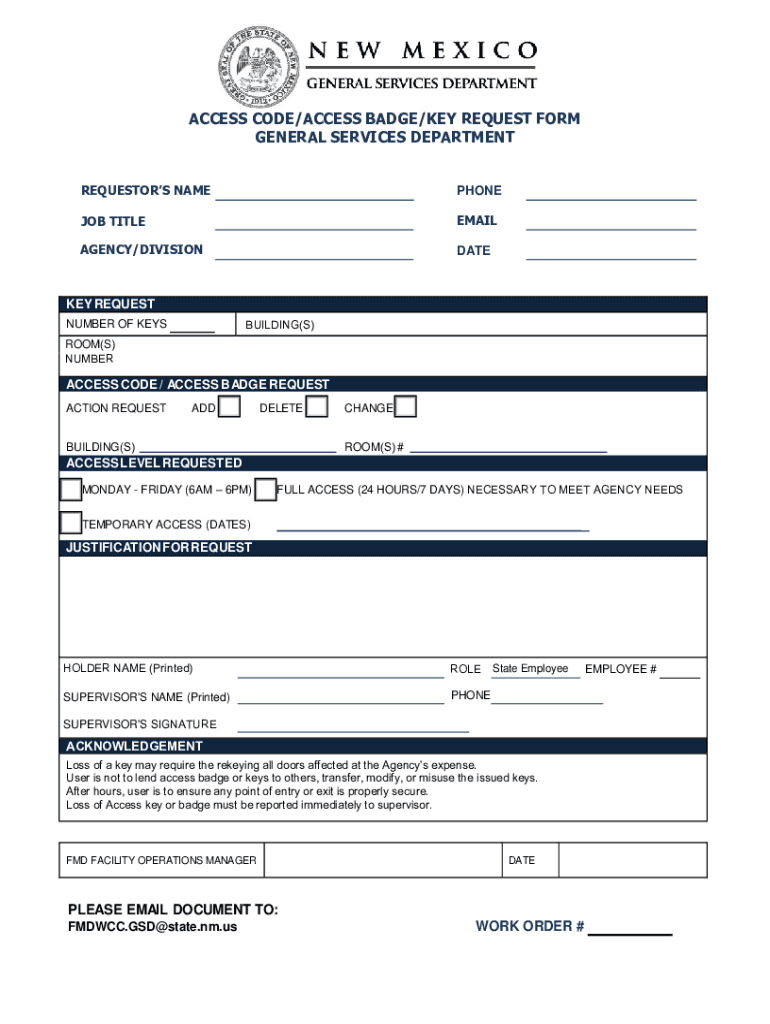 Fillable Online Facilities Department - KEY REQUEST FORM Fax Email ...