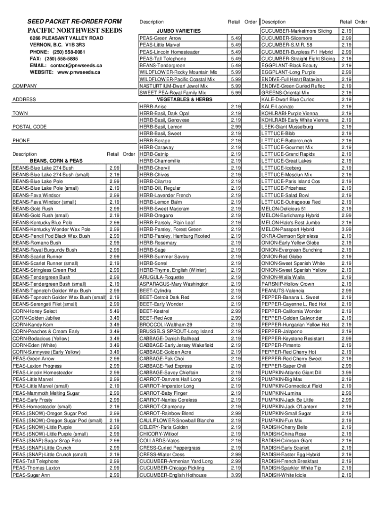 Fillable Online seed packet re-order form Fax Email Print - pdfFiller