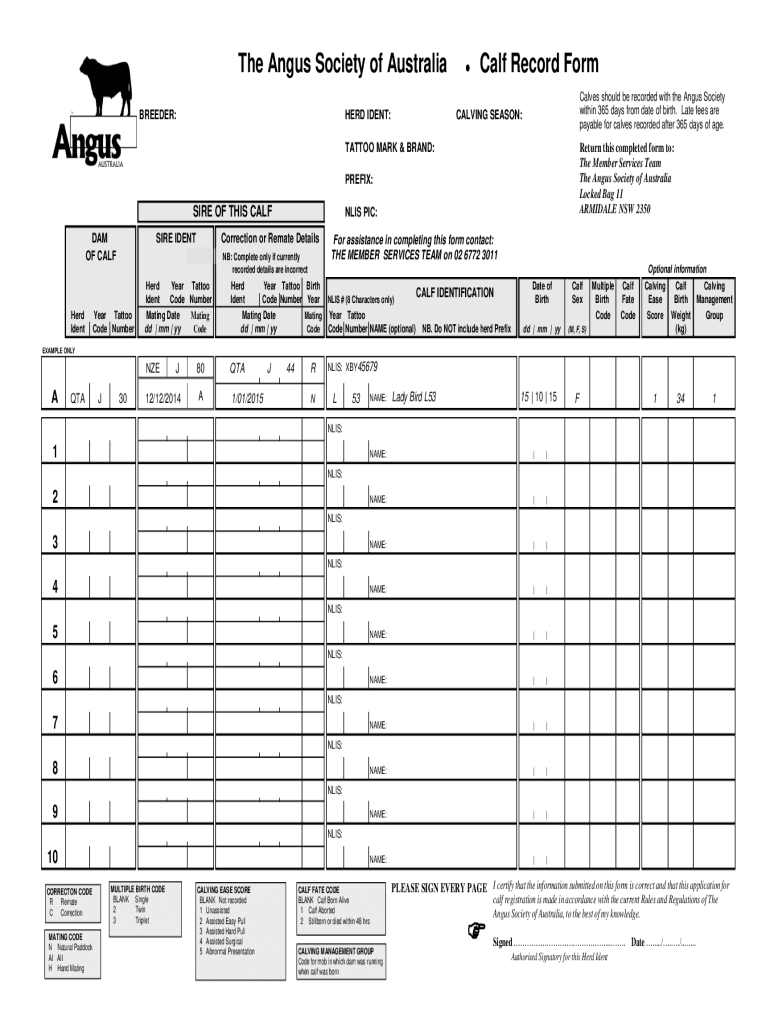 Fillable Online The Angus Society of Australia Calf Record Form Fax ...
