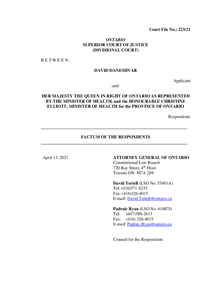 Fillable Online Court File No. 223/21 ONTARIO SUPERIOR COURT OF ... Fax Email Print - pdfFiller