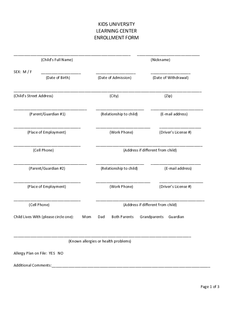 Fillable Online KIDS UNIVERSITY LEARNING CENTER ENROLLMENT FORM Fax ...
