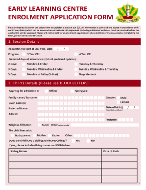 Fillable Online APPLICATION FOR ENROLMENT TO EARLY LEARNING ... Fax ...