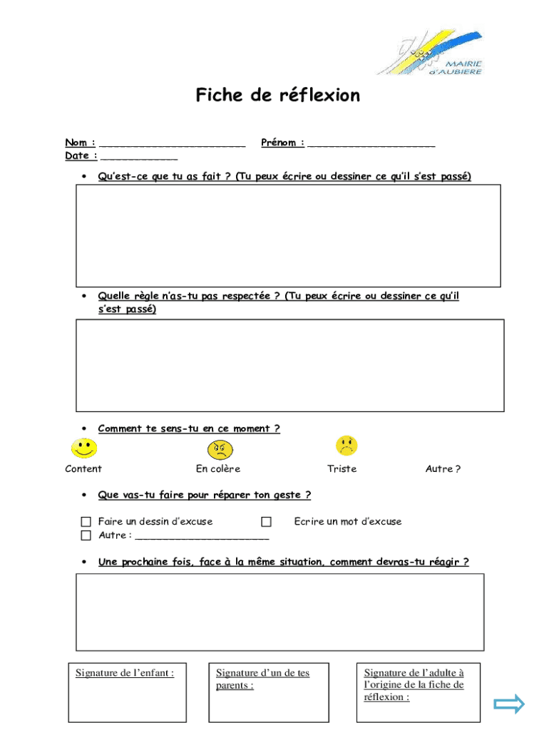 Remplissable En Ligne fiche de rflexion cycle 2 Fax Email Imprimer - pdfFiller
