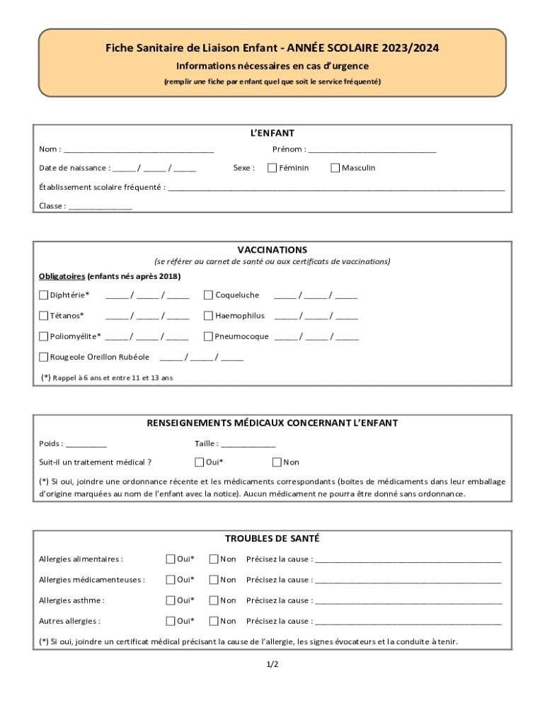 Remplissable En Ligne FICHE SANITAIRE DE LIAISON ENFANT ANNEE ... Fax Email Imprimer - pdfFiller