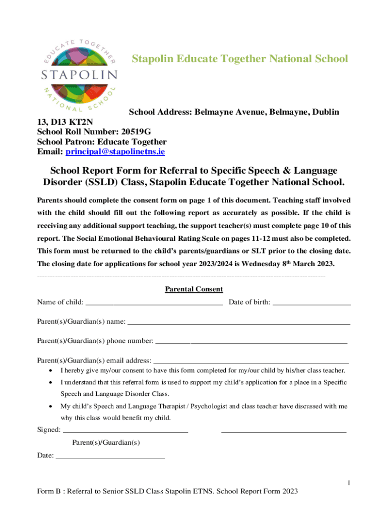 Fillable Online Form-B-School-Report-Form-for-Referral-to-SSLD-Class-2023- ... Fax Email Print ...