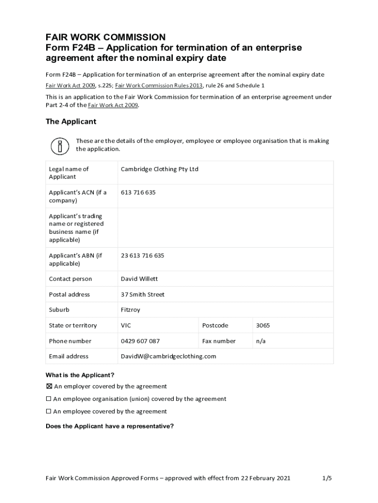 Fillable Online Application For Termination Of An Enterprise Agreement