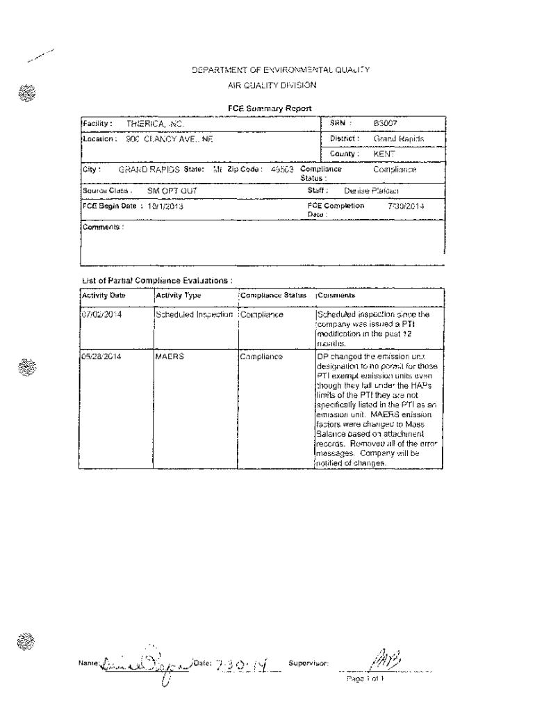 Fillable Online FCE Summary Report Facility: KENT FOUNDRY CO. SRN Fax Email Print - pdfFiller