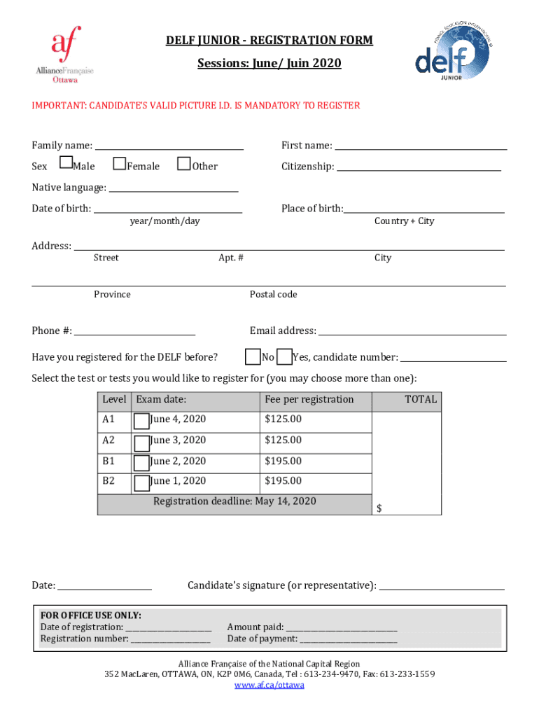 Fillable Online DELF JUNIOR - REGISTRATION FORM Sessions: June Fax ...