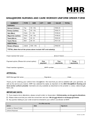 Fillable Online ginawork nursing and care worker uniform order form Fax ...