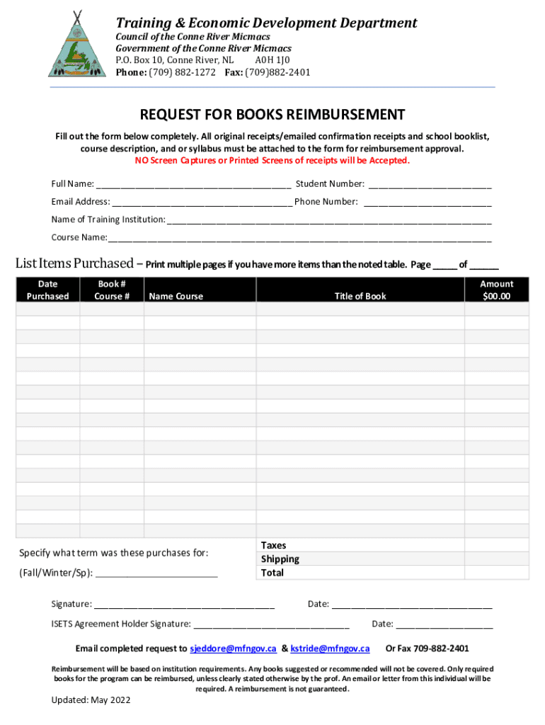 Fillable Online REQUEST FOR BOOKS REIMBURSEMENT Fax Email Print - pdfFiller