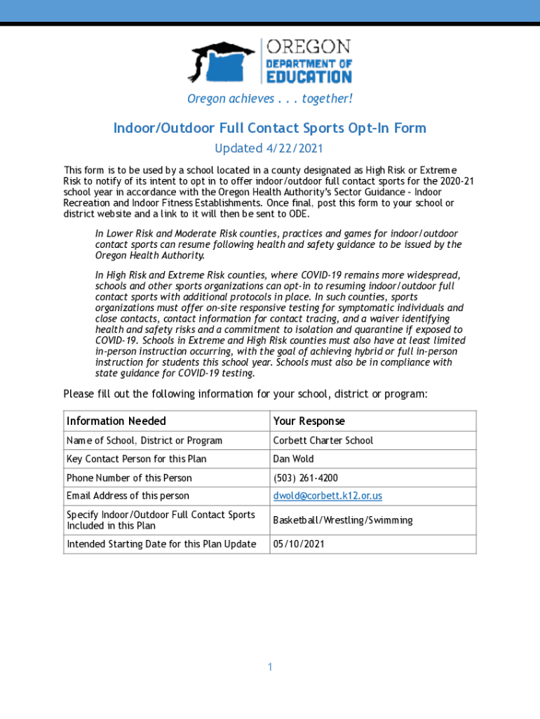 Fillable Online corbett k12 or Indoor-Outdoor Full Contact Sports Opt ...