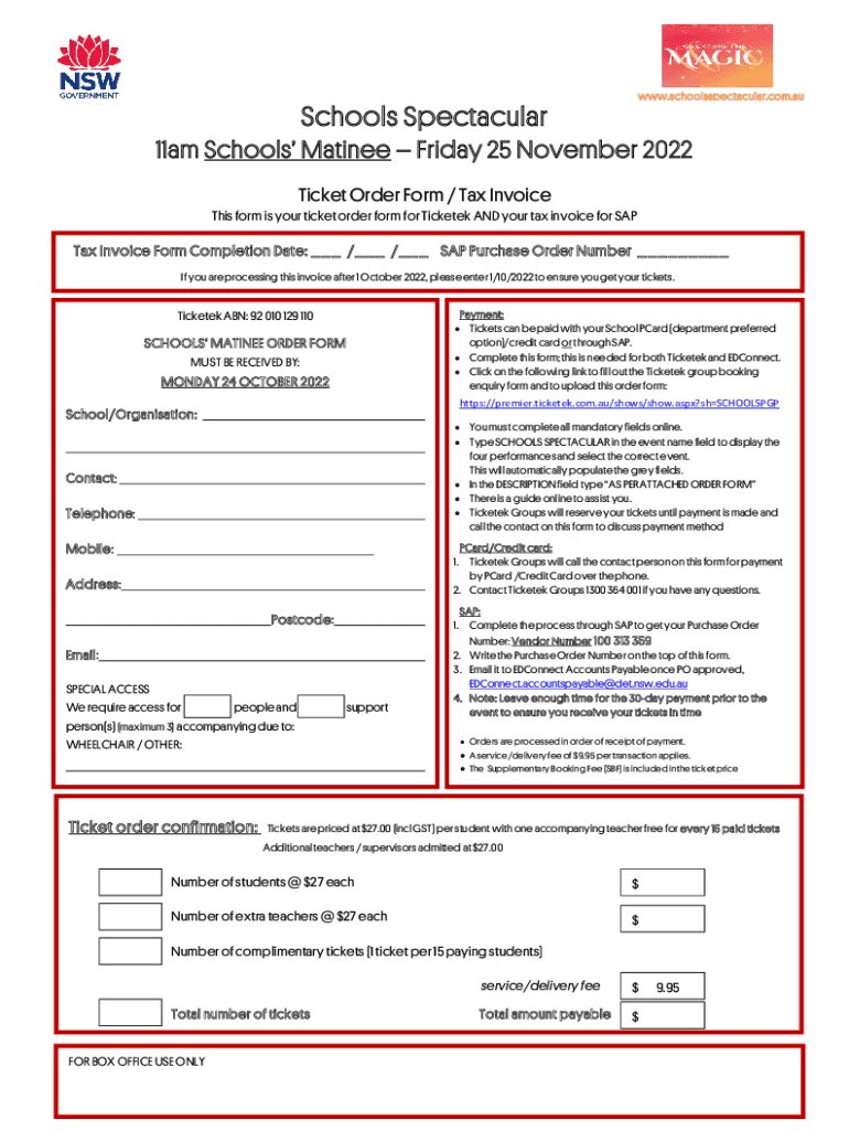 Fillable Online Schools' Matinee 2022 order form Fax Email Print - pdfFiller
