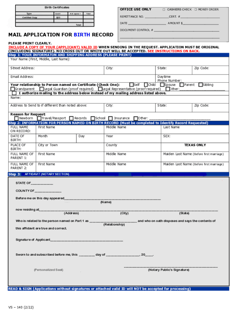 Fillable Online MAIL APPLICATION FOR BIRTH RECORD Fax Email Print - pdfFiller