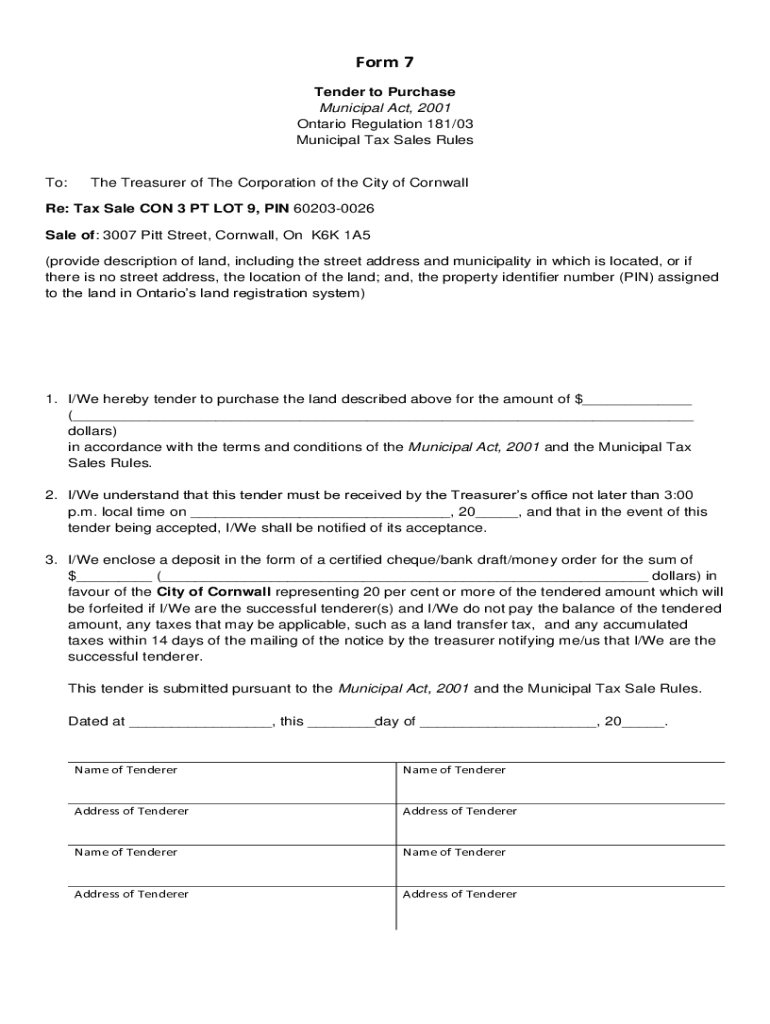 Fillable Online Form 7 - Tender to Purchase Fax Email Print - pdfFiller