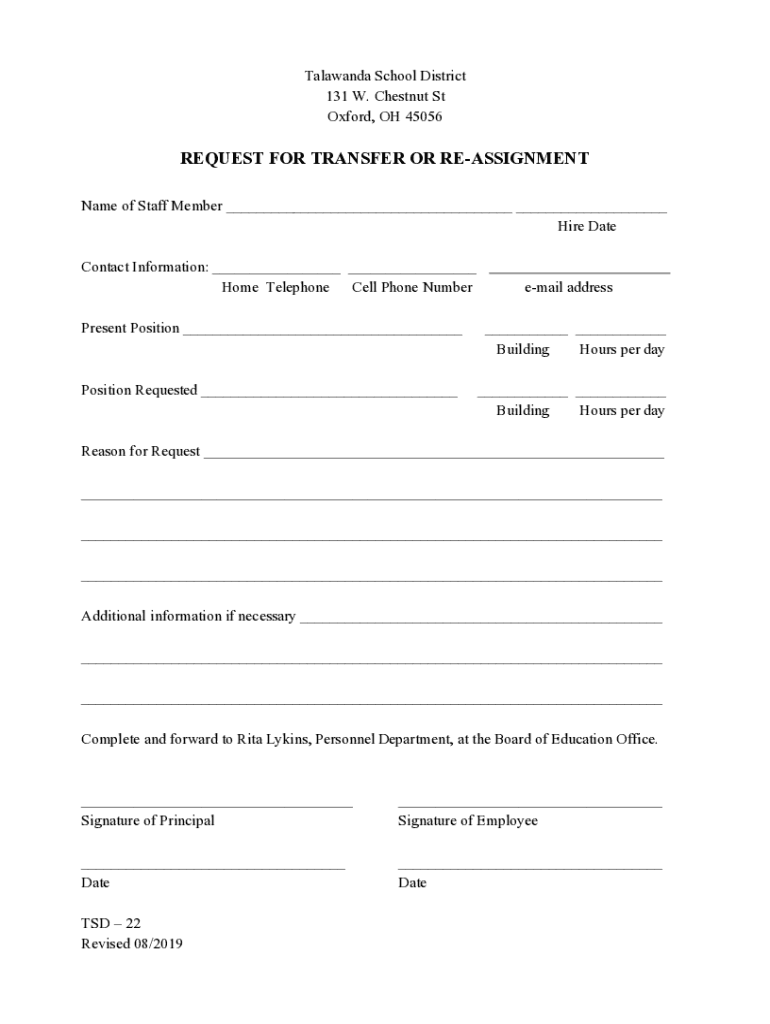 Fillable Online TSD- Request for Transfer Form Fax Email Print - pdfFiller