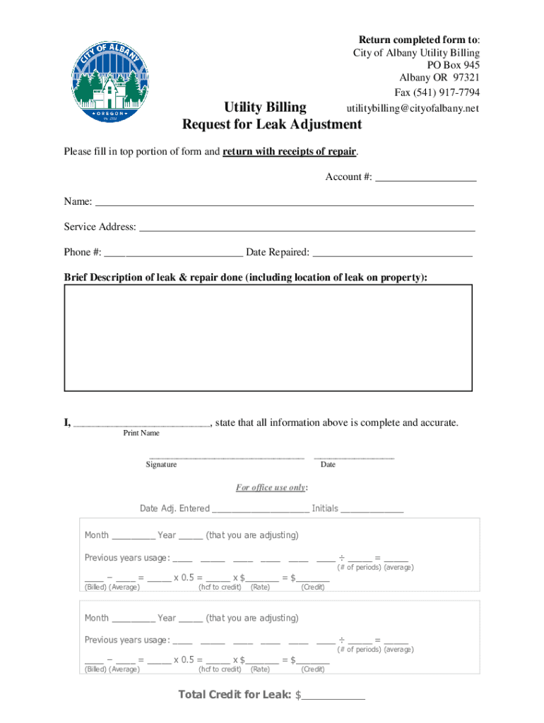 Fillable Online Utility Billing Request for Leak Adjustment Fax Email ...