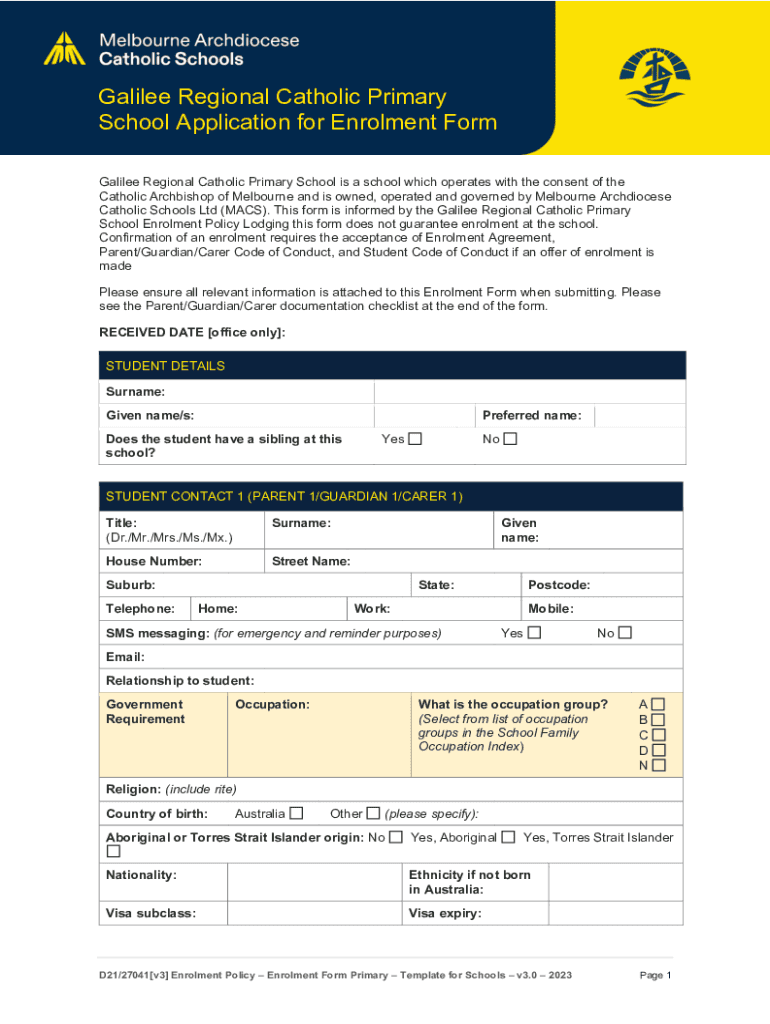Fillable Online Galilee Regional Catholic Primary School Application ...
