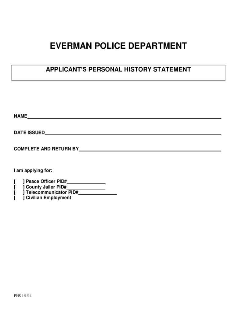 Fillable Online everman police department - applicant's personal ...