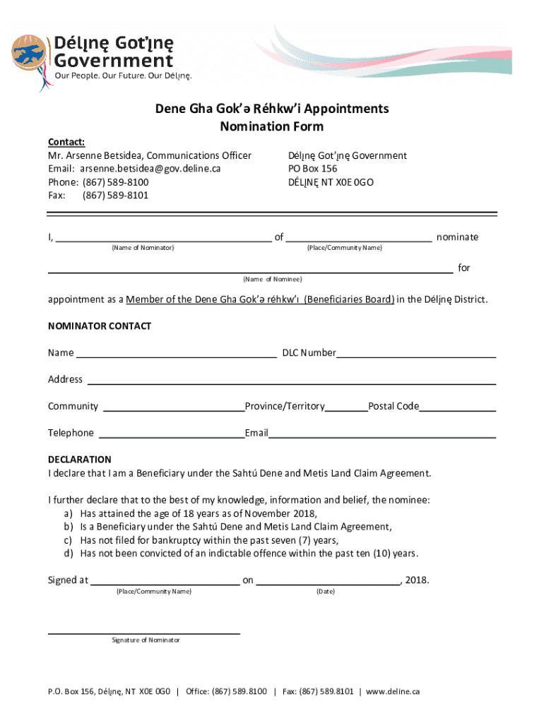 Fillable Online Dene Gha Gok' Rhkw'i Appointments Nomination Form Fax ...