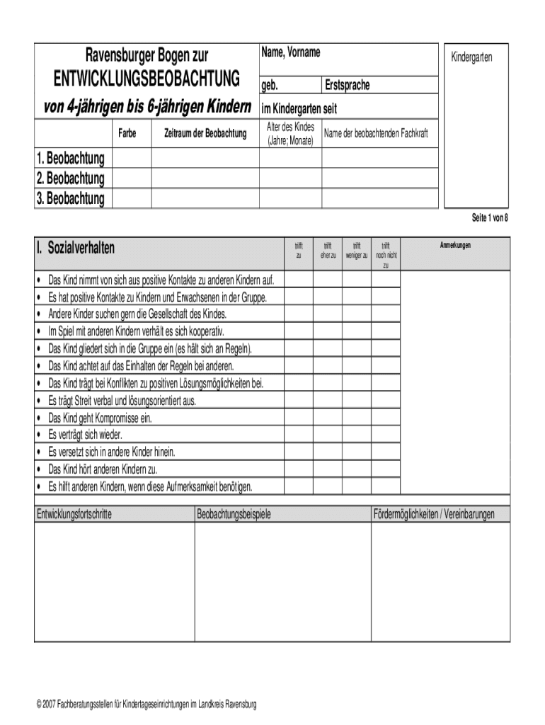 Ausfüllbar Online Ravensburger Bogen zur Entwicklungsbeobachtung von 4 ...