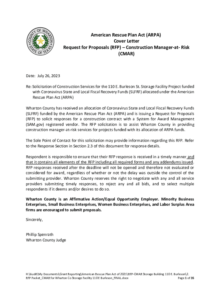 Fillable Online American Rescue Plan Act (ARPA) Cover Letter ...