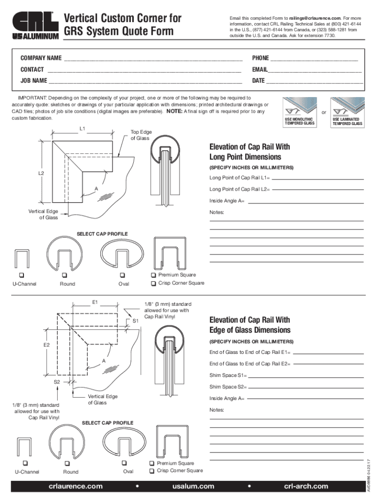 Fillable Online Vertical Custom Corner for GRS System Quote Form Fax ...
