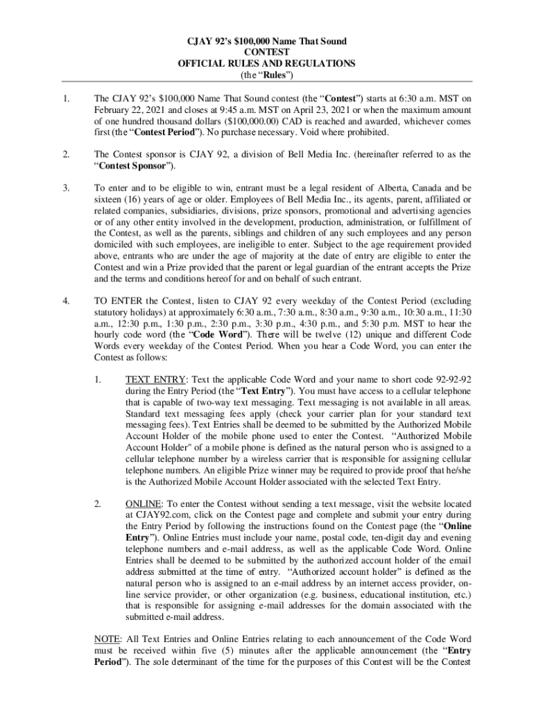 Fillable Online CJAY 92 $100K Name That Sound Contest - Win Cash Prizes ...