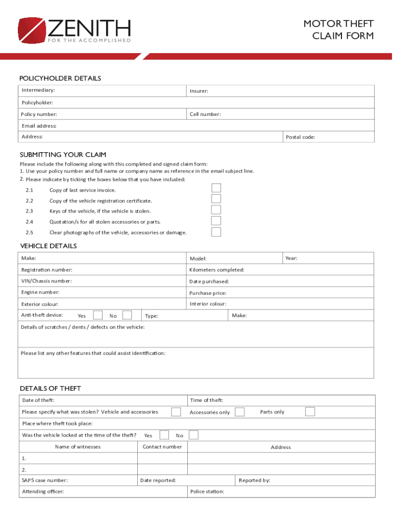 Fillable Online ZenithMotor Theft Claim Form.ai Fax Email Print - pdfFiller