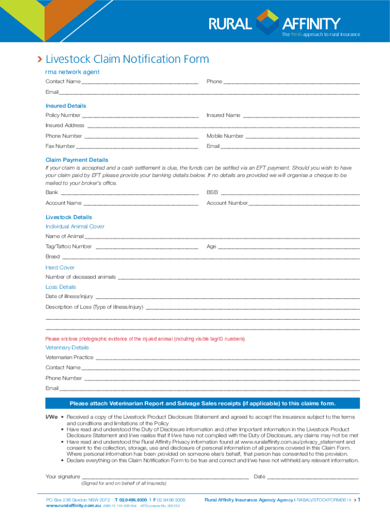 Fillable Online Livestock Claim Notification Form - RMA Insurance Brokers Fax Email Print ...