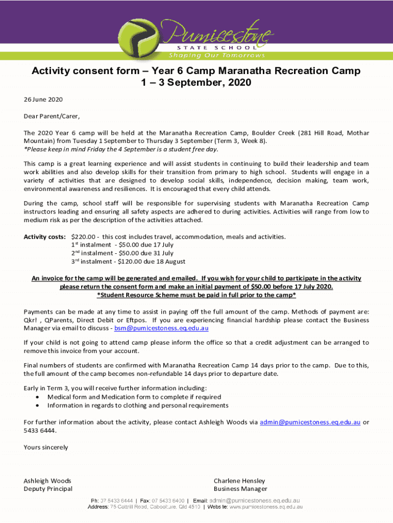 Fillable Online Activity consent formYear 6 Camp Maranatha Recreation ...