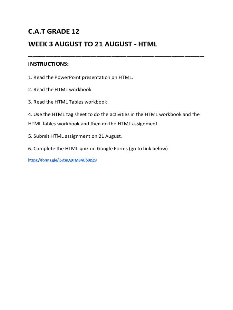 Fillable Online C.A.T GRADE 12 WEEK 3 AUGUST TO 21 AUGUST - HTML Fax ...