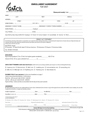 Fillable Online ENROLLMENT AGREEMENT Fall 2021 Fax Email Print - pdfFiller