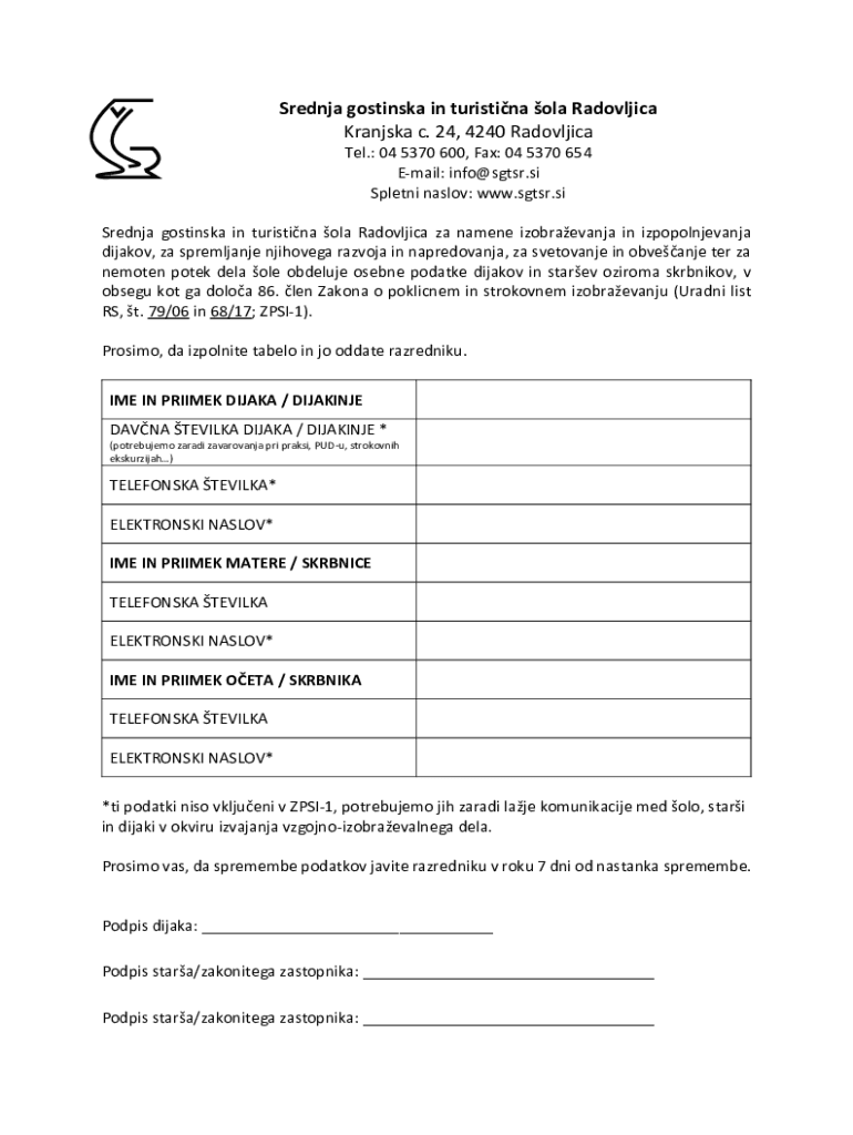 Fillable Online sgtsrSrednja gostinska in turistina ola Radovljica Fax ...