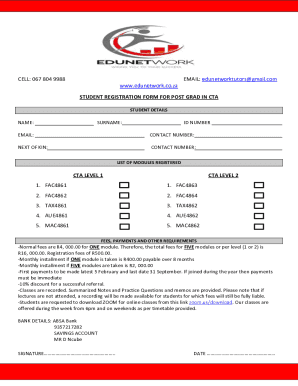 Fillable Online student registration form for post grad in cta ...